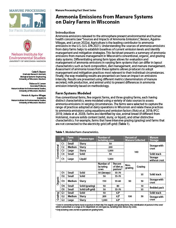 Ammonia Emissions from Manure Systems on Dairy Farms in Wisconsin — The ...